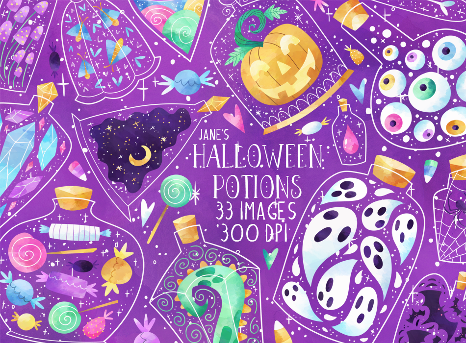 Watercolor Halloween Potions Clipart, an Illustration by DigitalArtsi