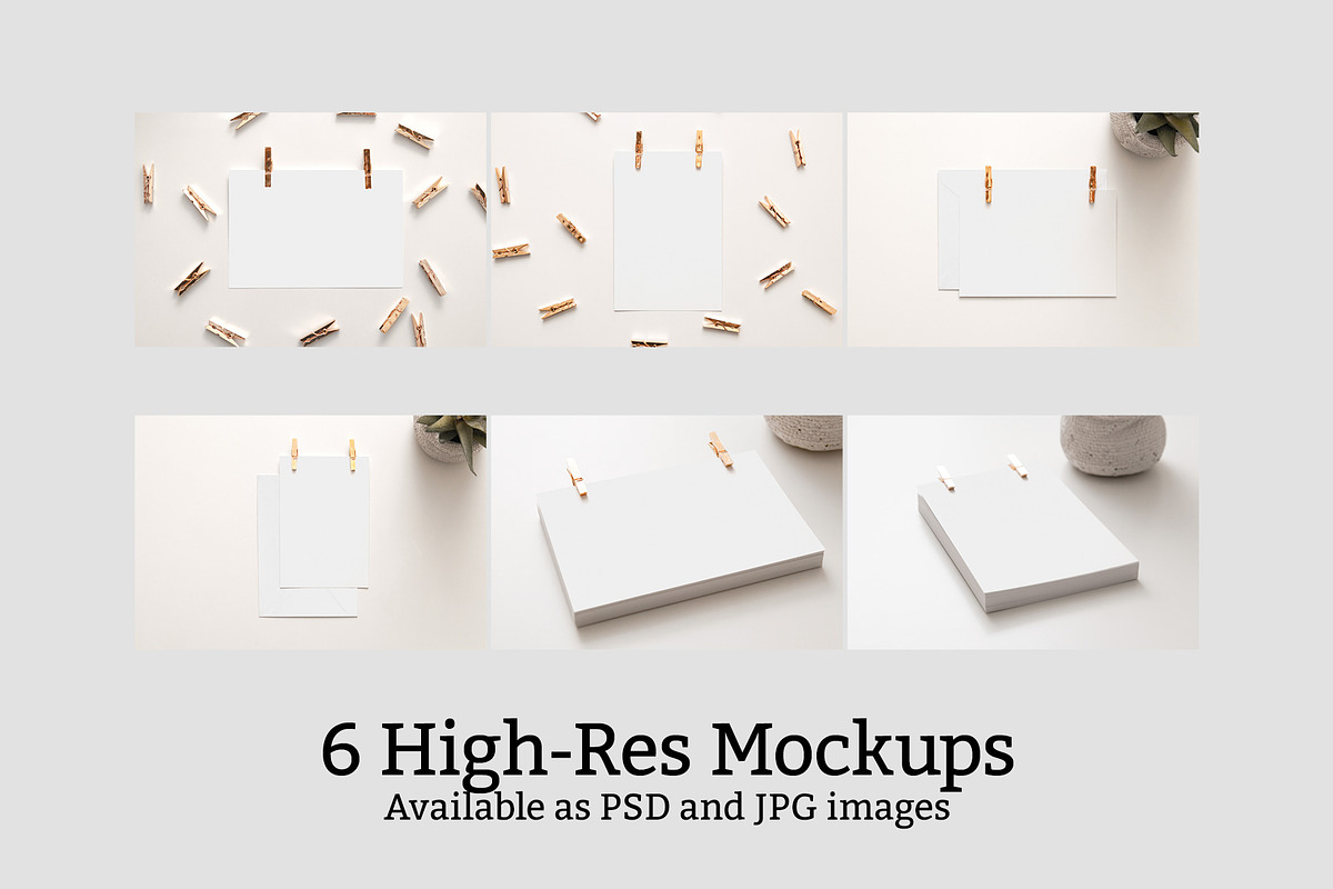 6 Gold Clothespin-Style Card Mockups, a Print Template by SparkleStock