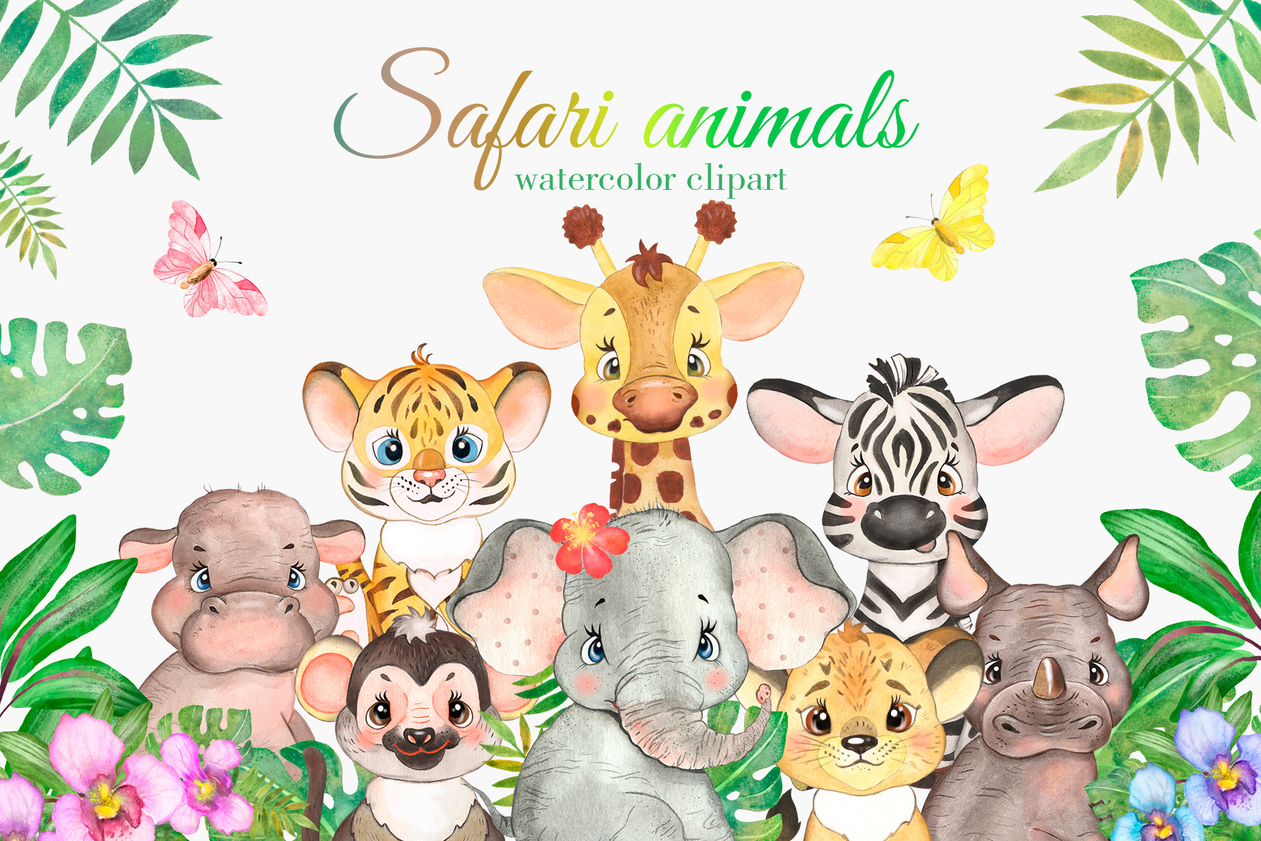 Watercolor Tropical Animals Clipart.