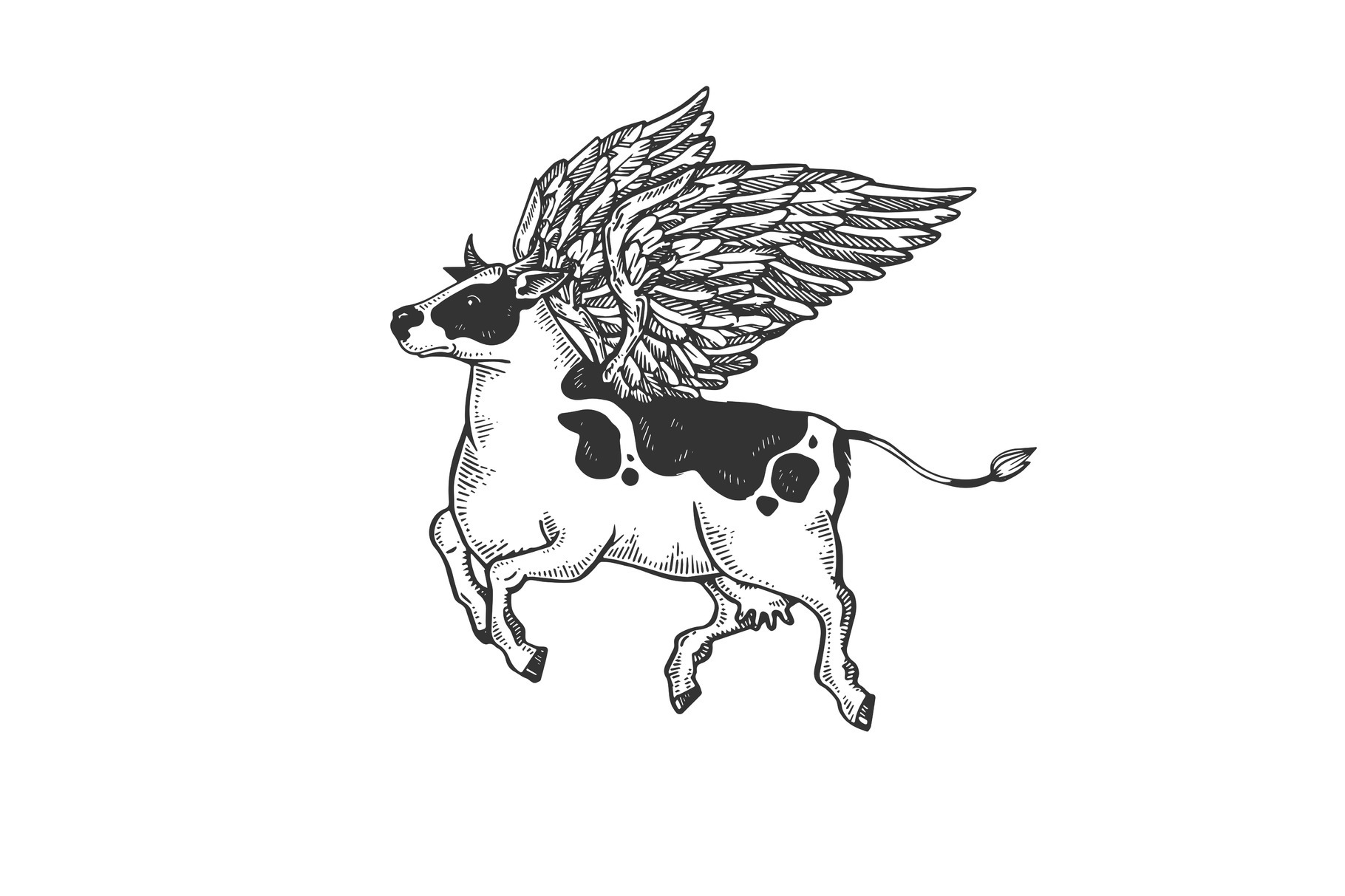 Flying cow farm animal engraving vector, an Animal Illustration by AlexArt