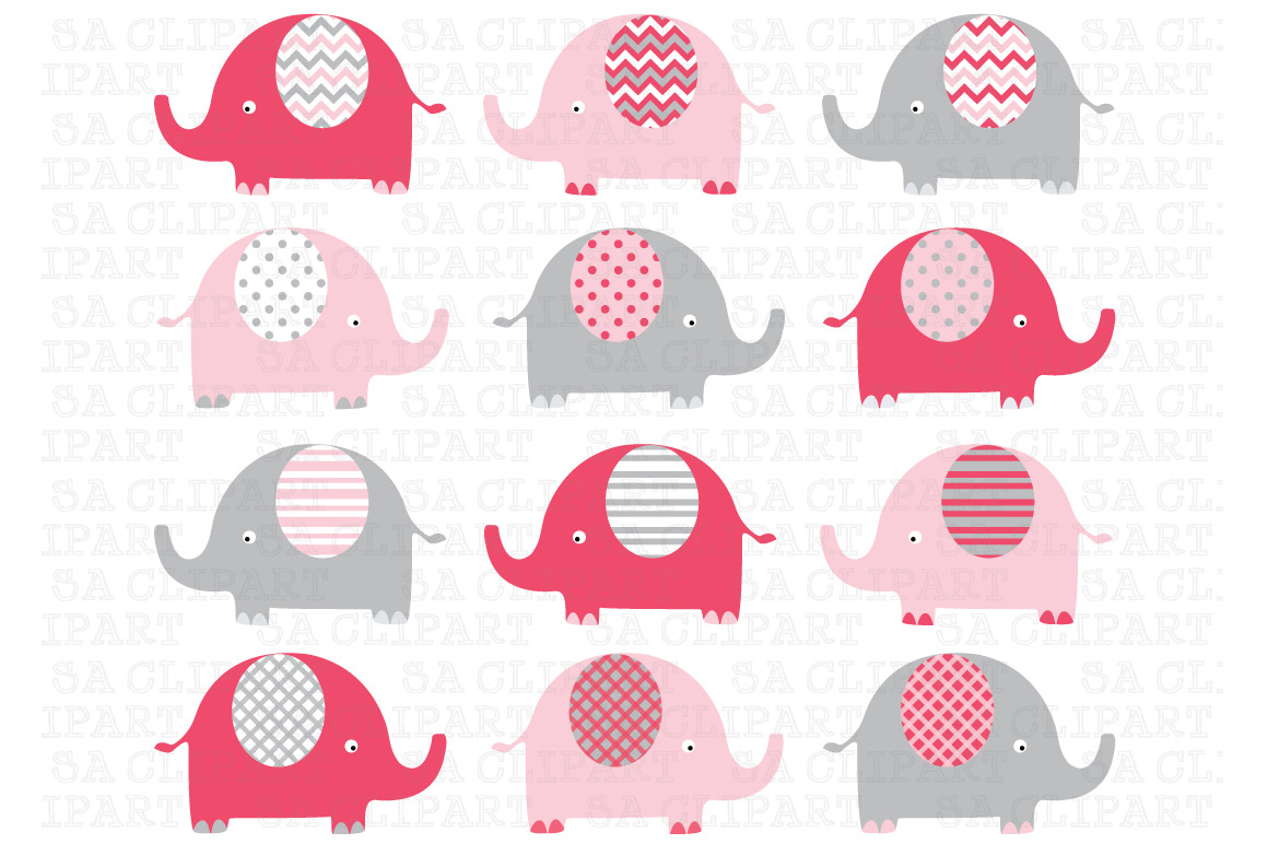 Girly Pink Grey Elephant ClipArt, an Illustration by SA ClipArt