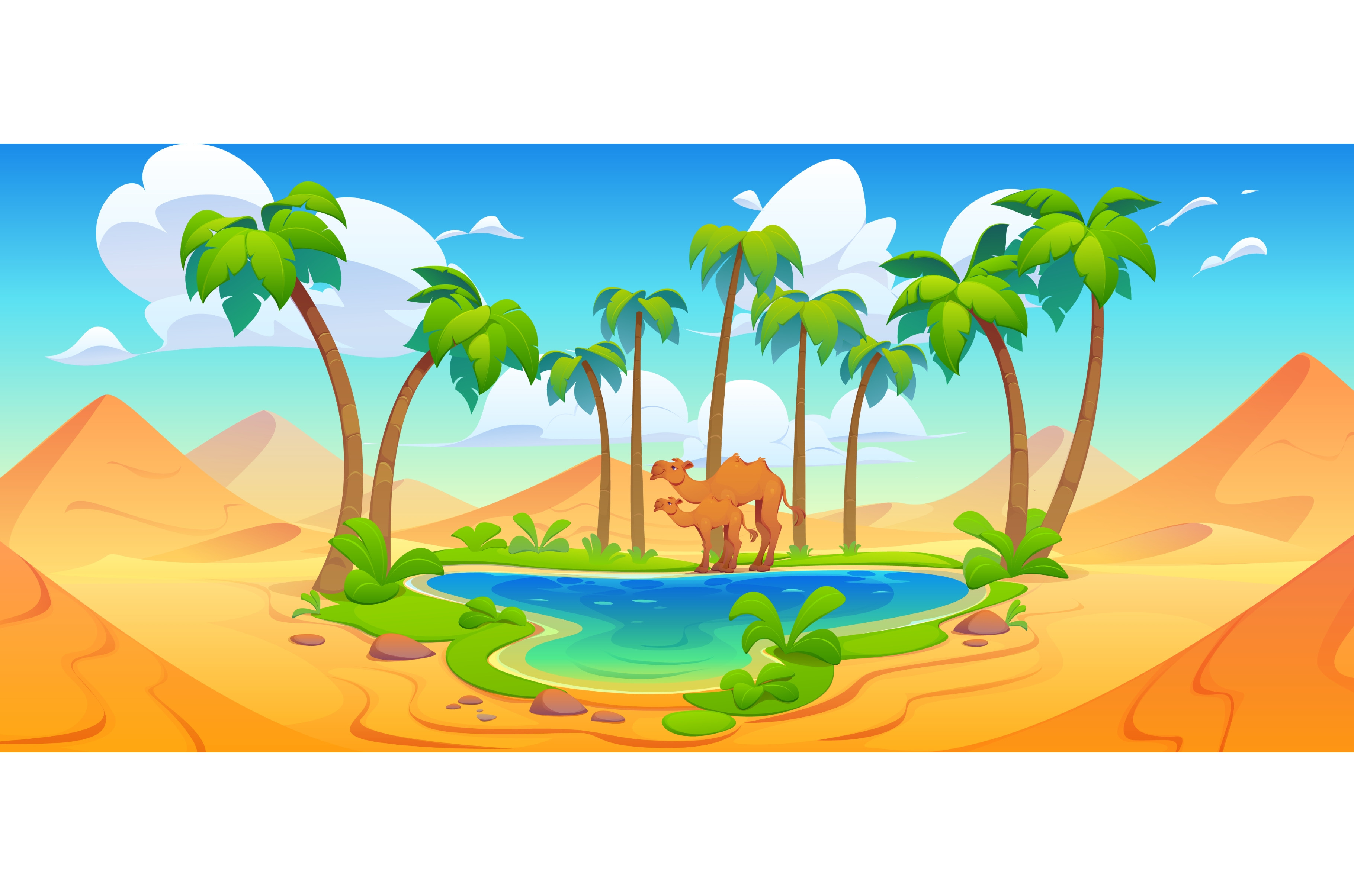 Desert oasis, palms, camels, a Seasonal Illustration by Vector Tradition