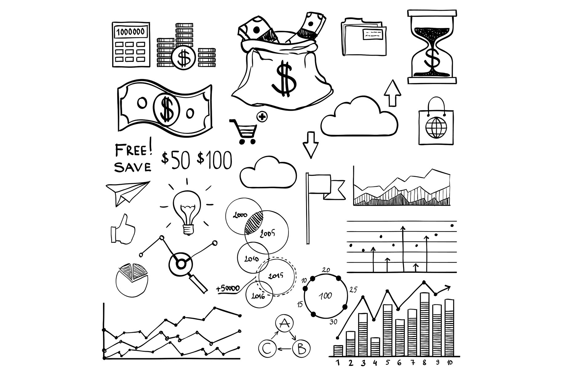 Hand draw doodle elements money and coin icon, chart graph. Concept ...