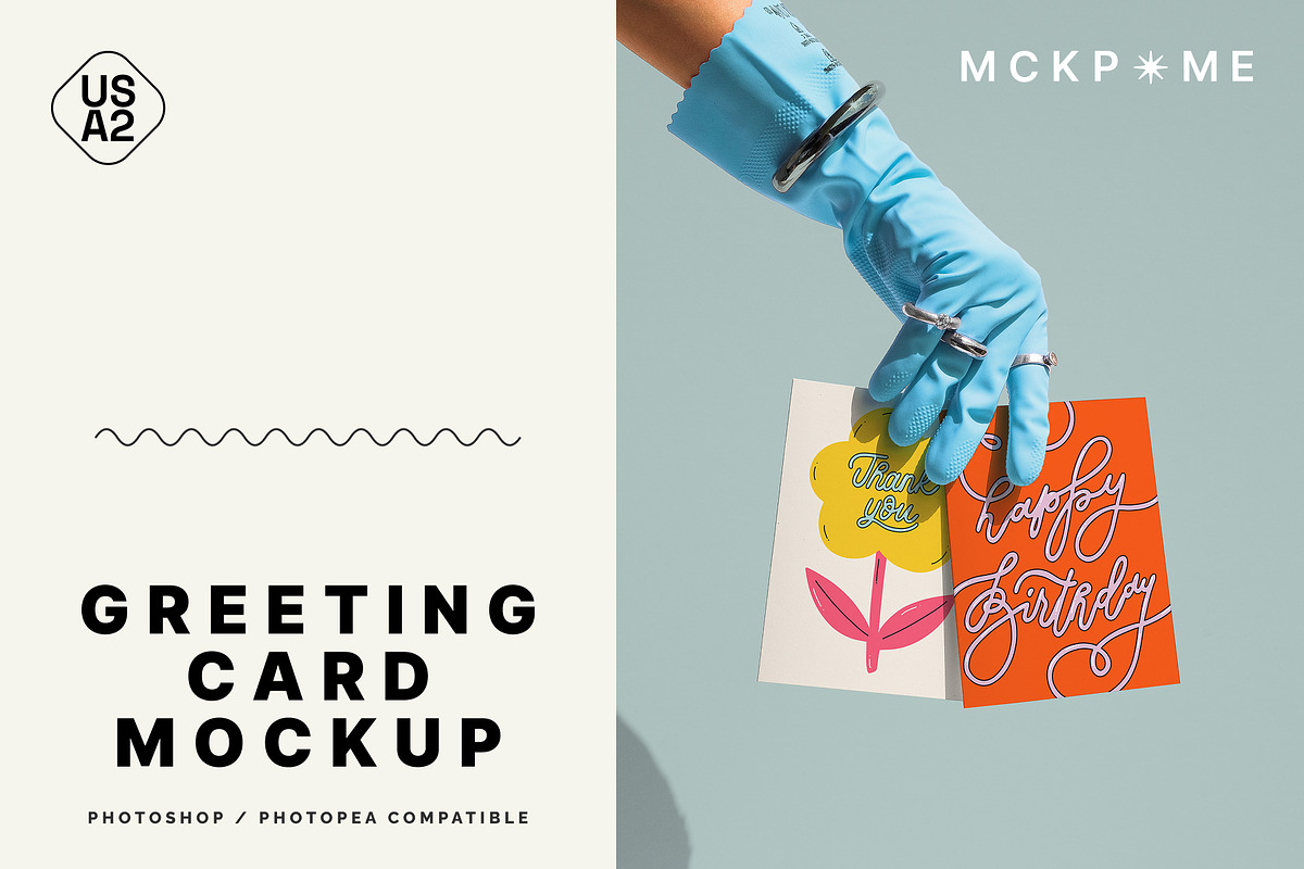 US A2 Two postcards in hand mockup, a Merchandise Mockup by MCKP*ME