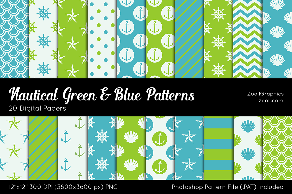 Nautical Green & Blue Digital Papers, a Pattern Graphic by ZoollGraphics
