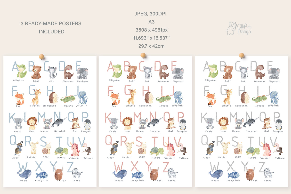 Watercolor alphabet with animals