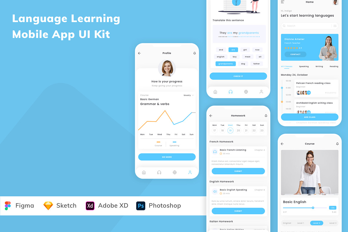 Language Learning Mobile App UI Kit, an UI Kit Template by Betush | Creative Market