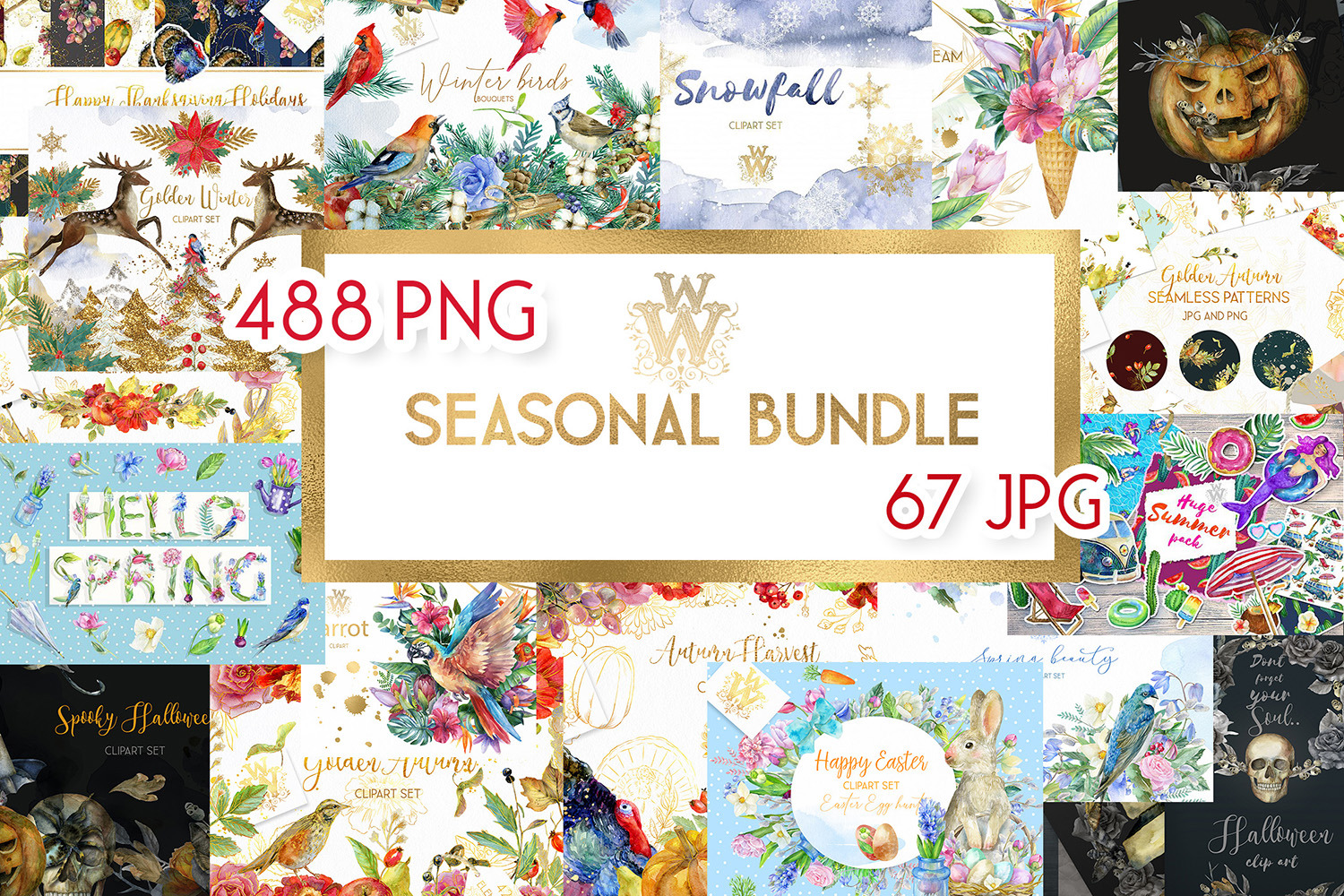 Seasonal watercolor Bundle clip art, a Seasonal Illustration by ...
