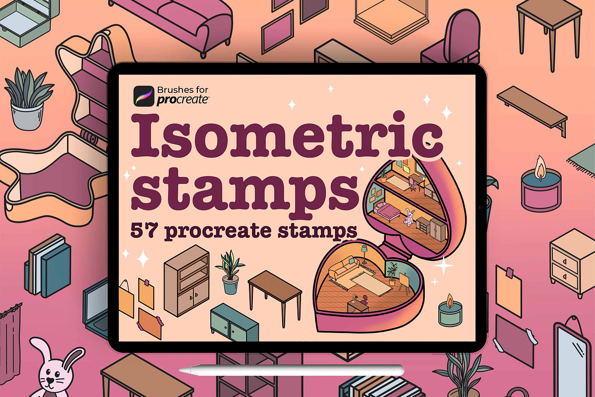 55+ procreate isometric stamps, a Brush Add-On by laura.design