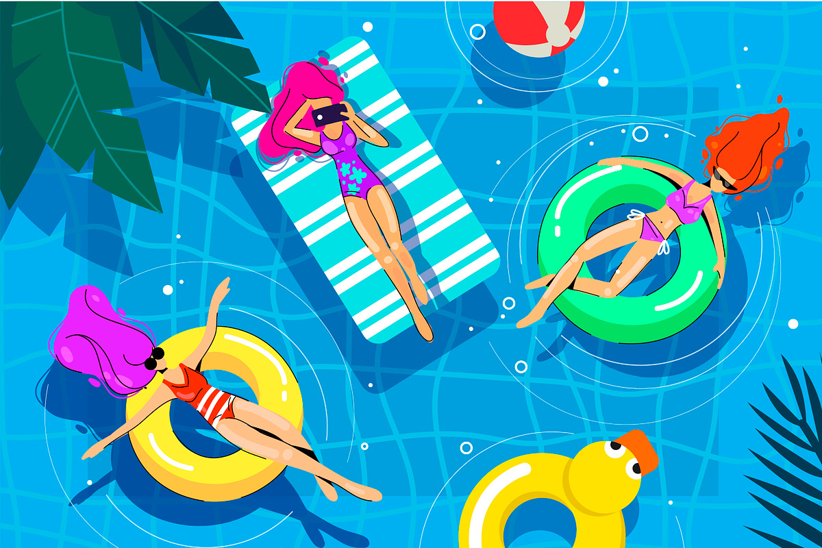 Illustrations of girls in the pool, a Person Illustration by ...