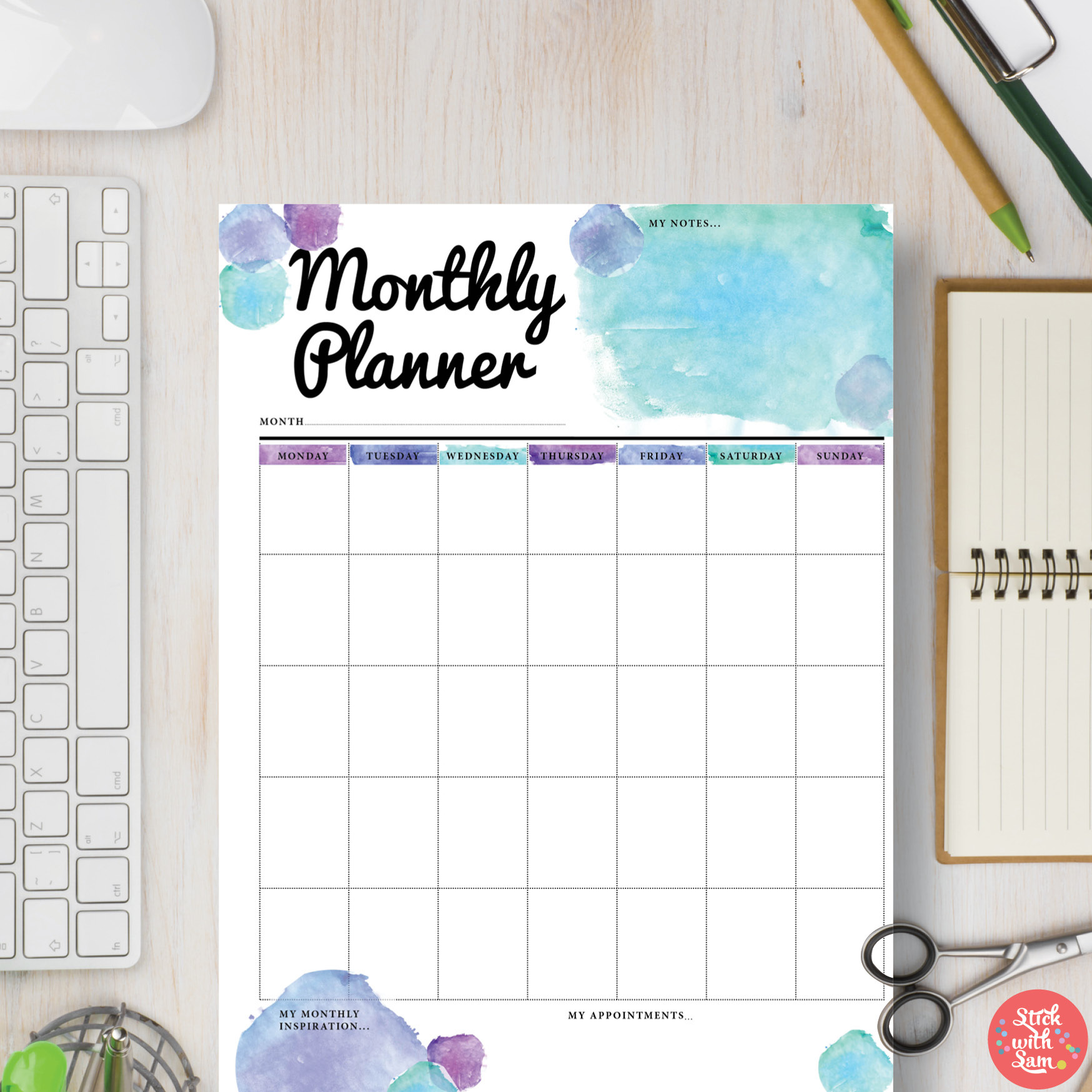 Monthly Planner: A5 & A4, a Stationery Template by Stick with Sam