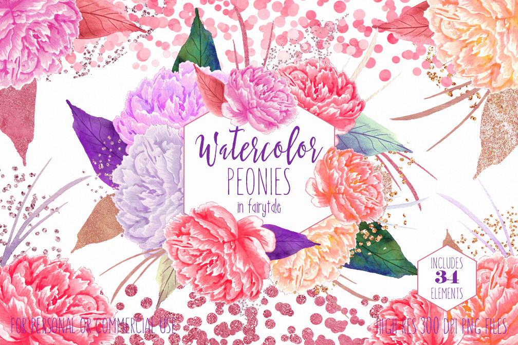 Watercolor Peony Flowers Set, an Illustration by ClipartBrat Graphics