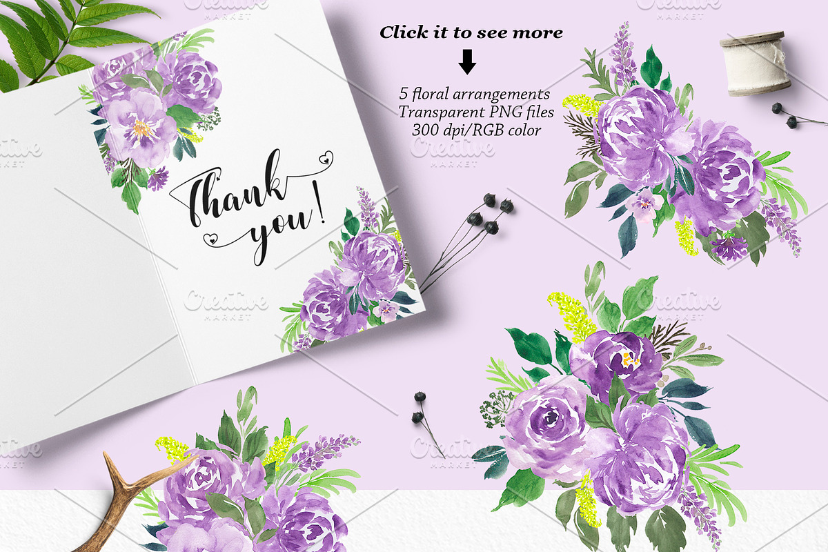 Purple Watercolor Flowers Clip Art, an Illustration by Elly Studio