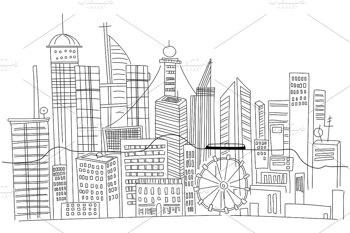 Hand drawn business center of big city street skyscrapers megapolis ...