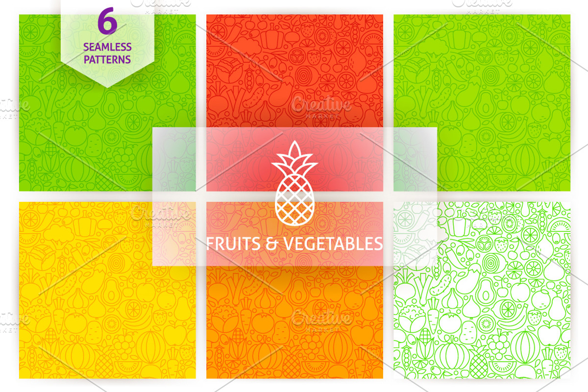 Fruit Vegetable Line Seamless Patterns