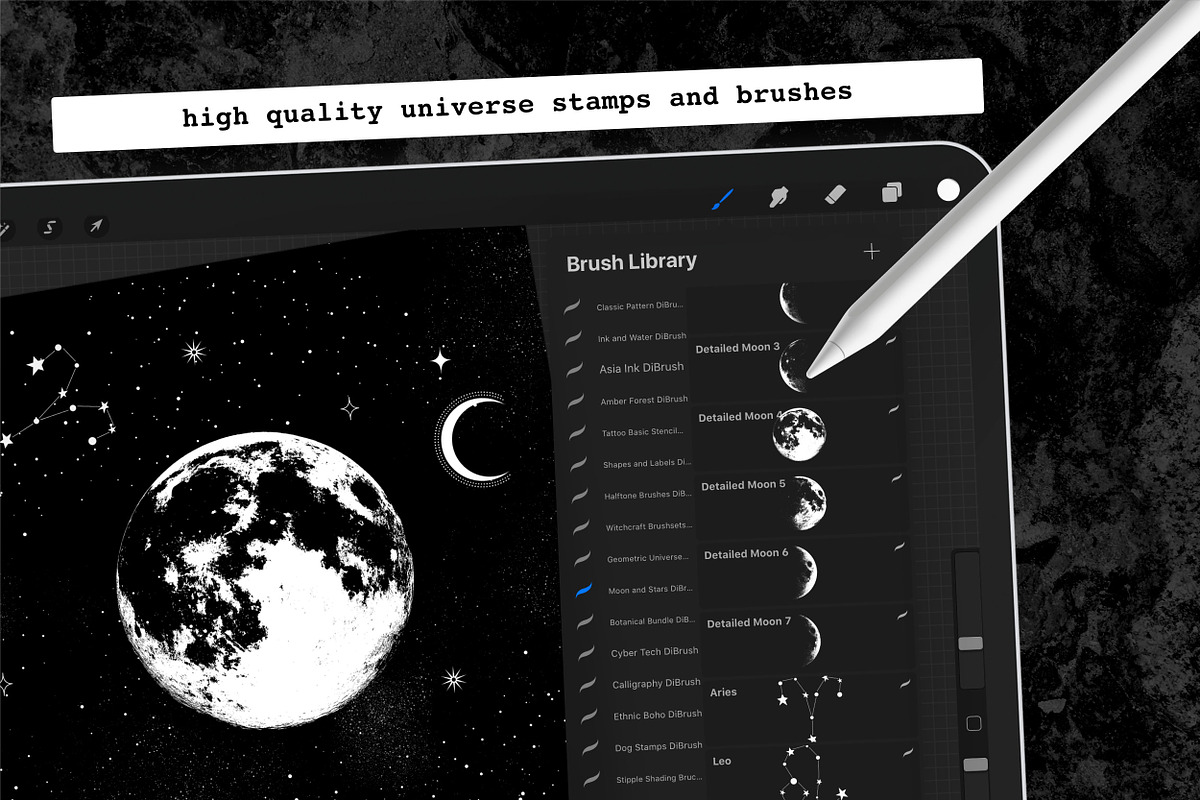 Procreate - Moon and Stars Stamps, a Brush Add-On by DiBrush Studio