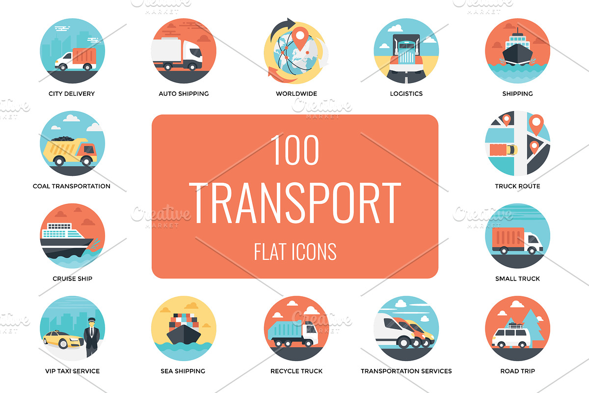 100 Flat Transportation Vector Icons, an Icon by Prosymbols