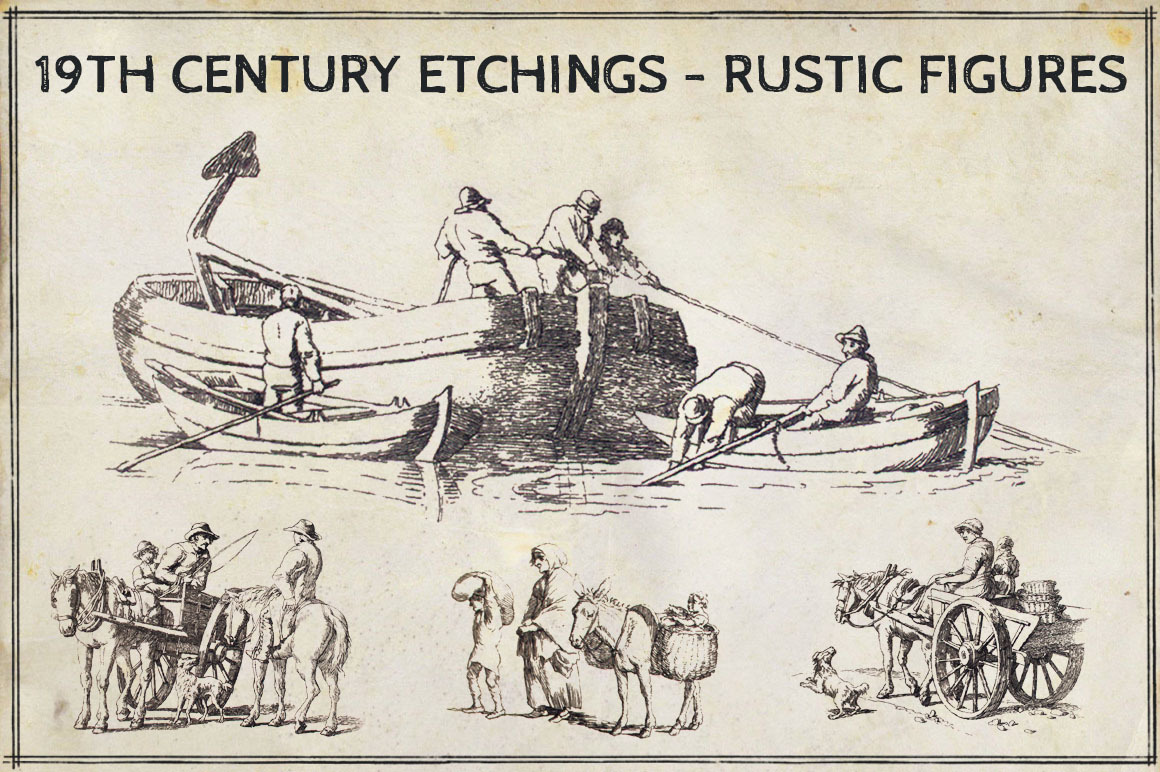 19th Century Etchings Rustic Figures, an Illustration by Blue Line Design
