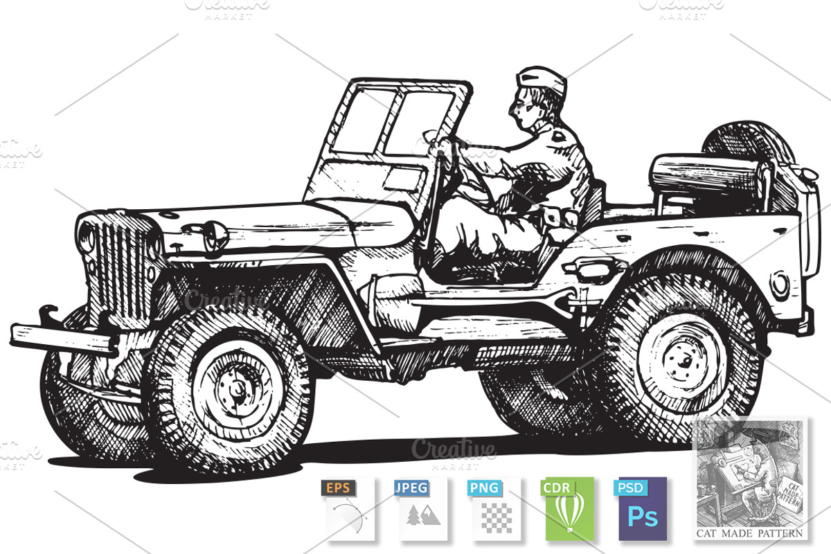 World war two army jeep, a Person Illustration by CatMadePattern