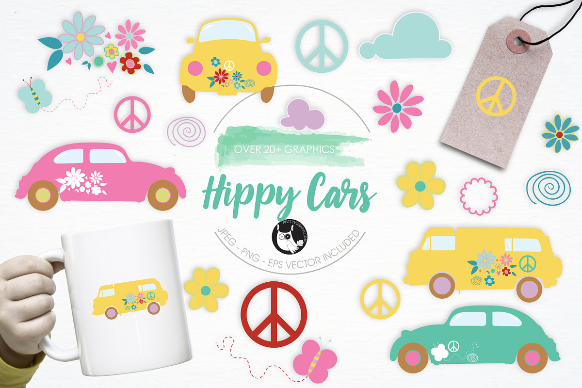 Hippy Cars illustration pack, an Illustration by PrettyBundles