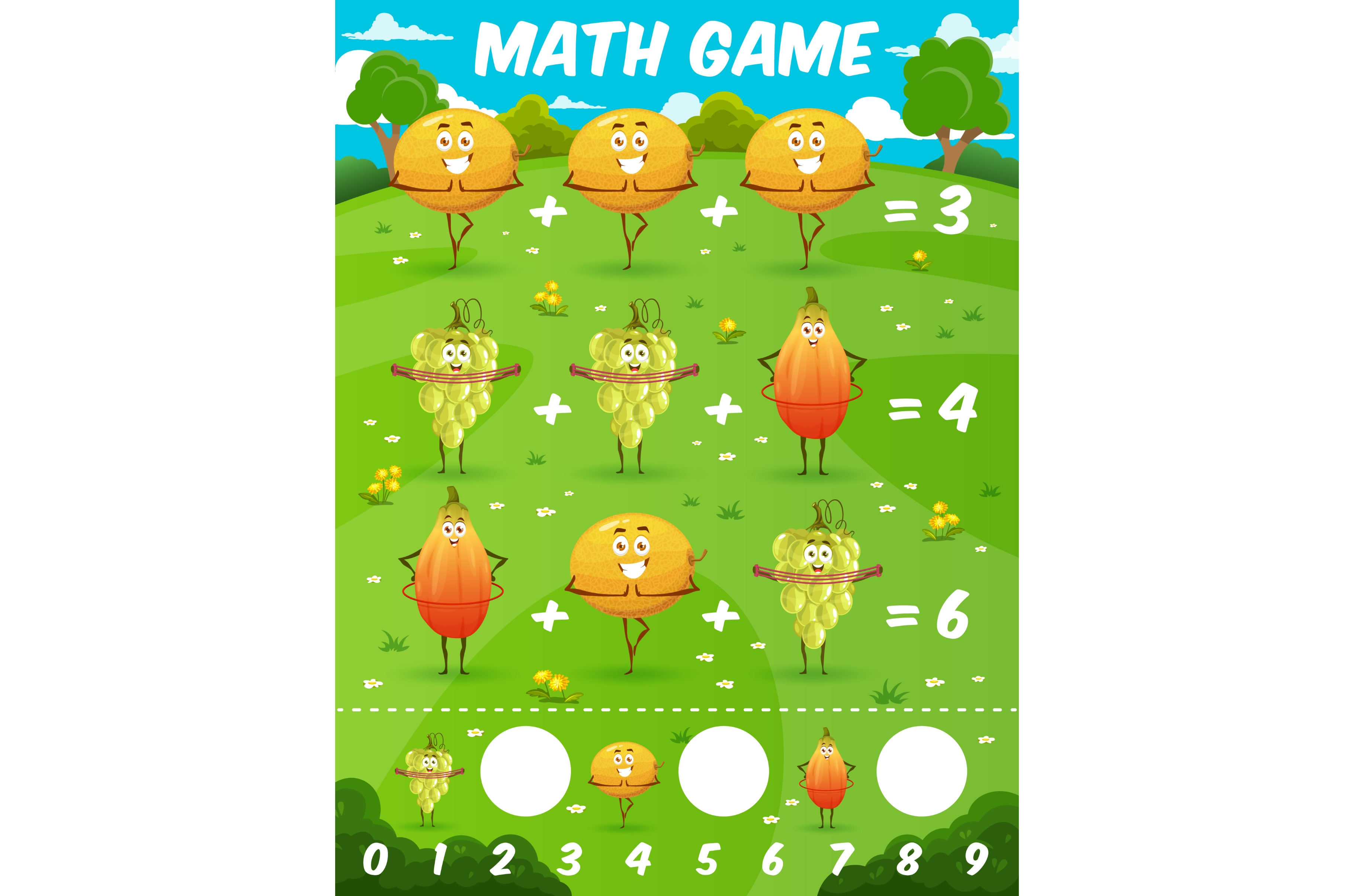 Math game worksheet with fruits, an Object Illustration by Vector Tradition