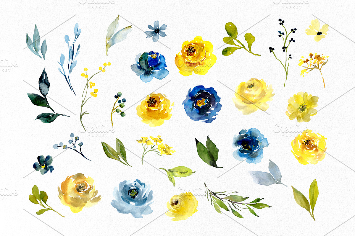 Watercolor Blue & Yellow Flowers, a Decorative Illustration by ...
