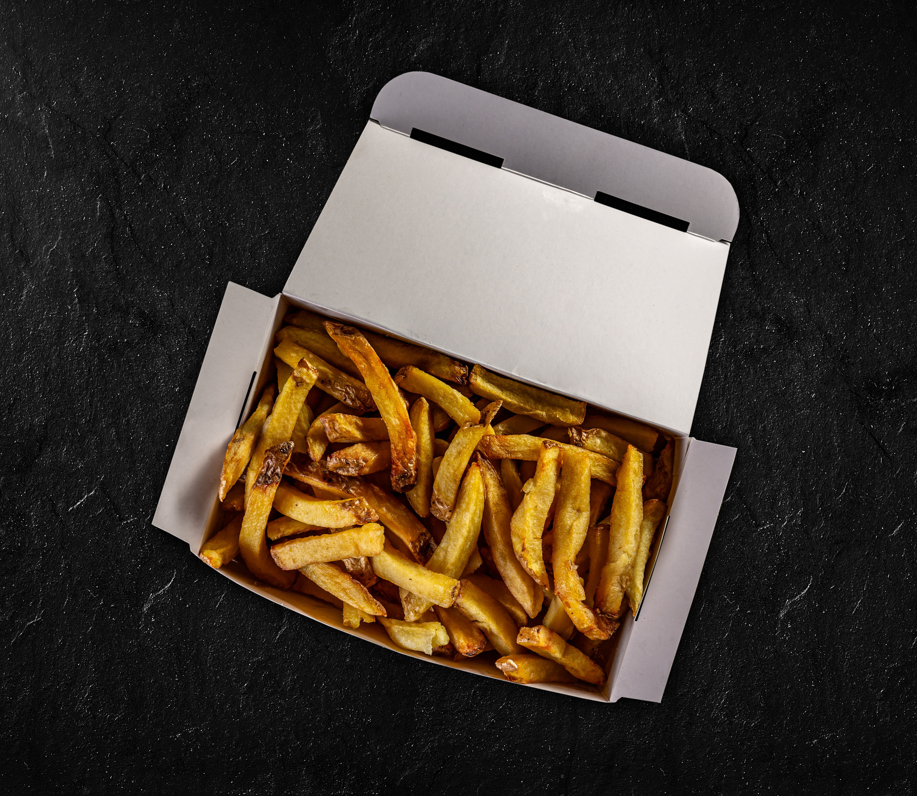 French fries in paper box containing fast food, food, and meal, a Food ...