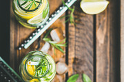 Citrus and herbs infused sassi water in tray, copy space, a Food ...