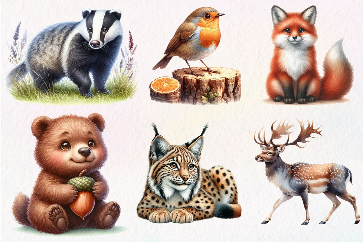Watercolor Forest Animals Clipart, an Illustration by Dream Creation