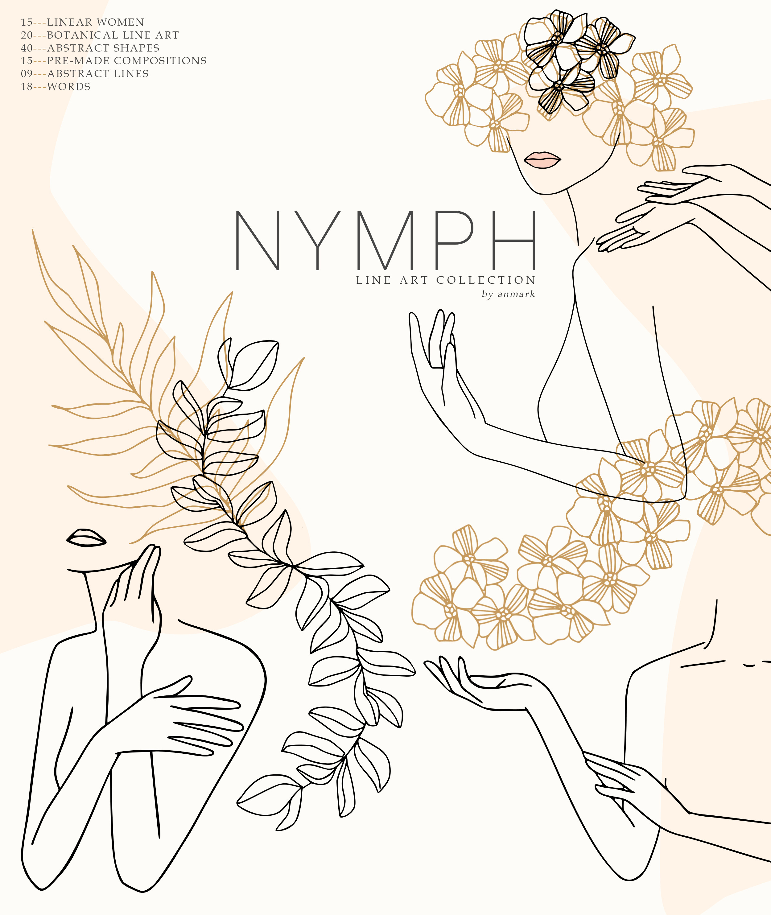 Nymph. Line Art Floral Women, a Person Illustration by AnMark