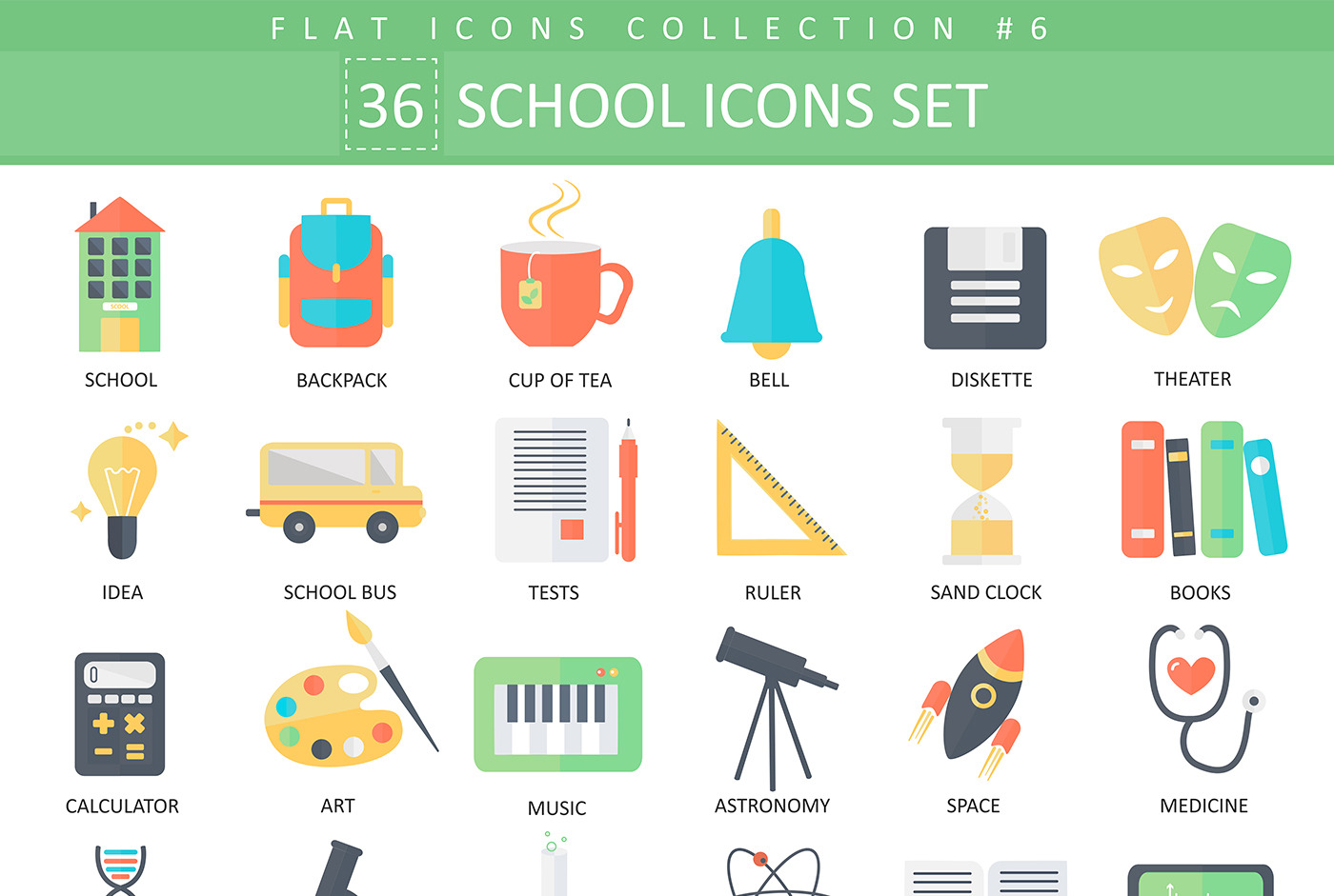 36 School color flat icons set, an Icon by Lemberg Vector
