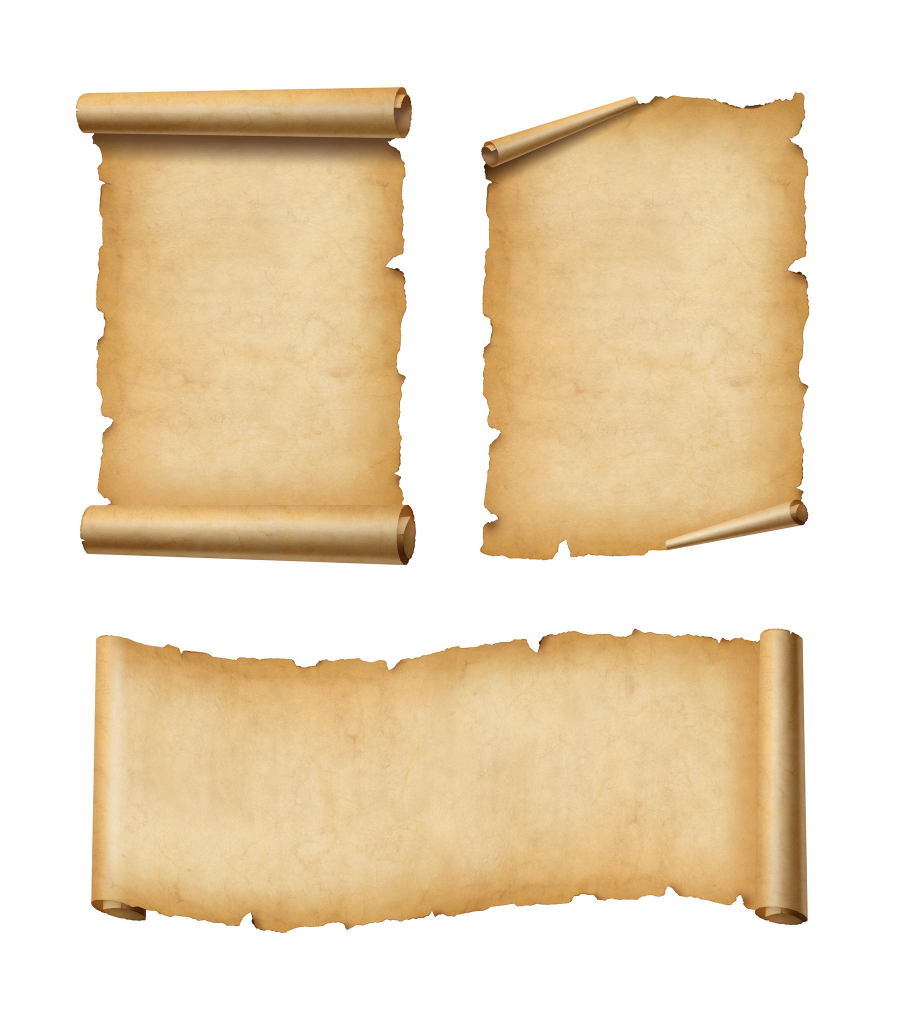 Old Parchment paper scroll set isolated on white. Horizontal and, a ...