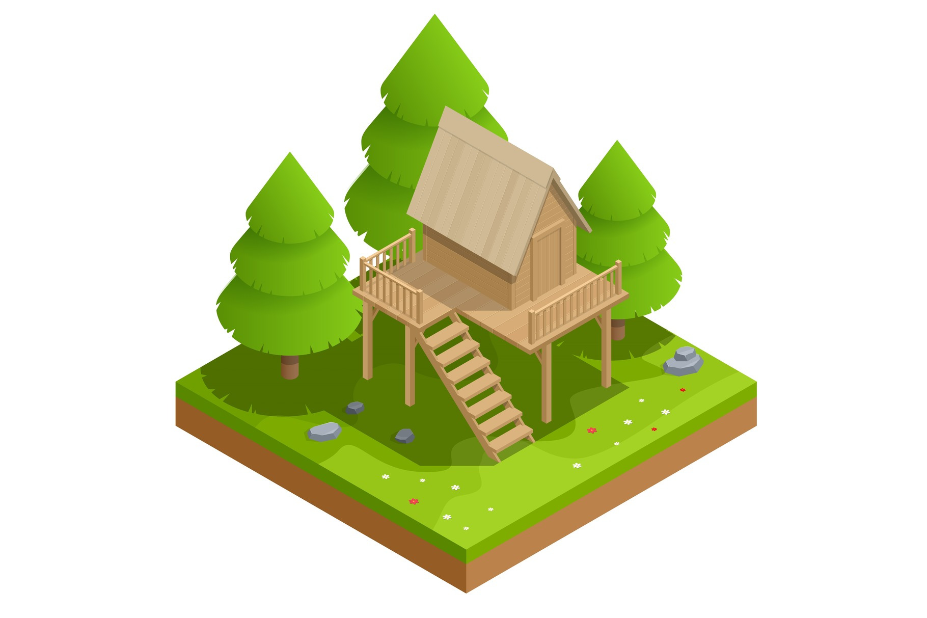 Isometric wooden house in the forest, an Illustration by Golden Sikorka