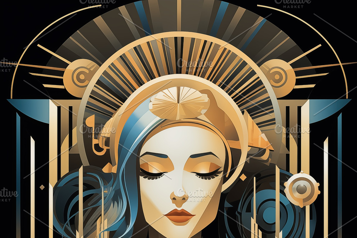 A stylized, art deco-inspired illustration featuring a serene woman ...