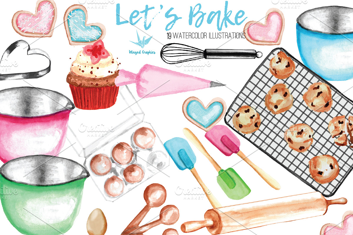 Baking: 21 watercolor illustrations, a Food Illustration by Winged Graphics