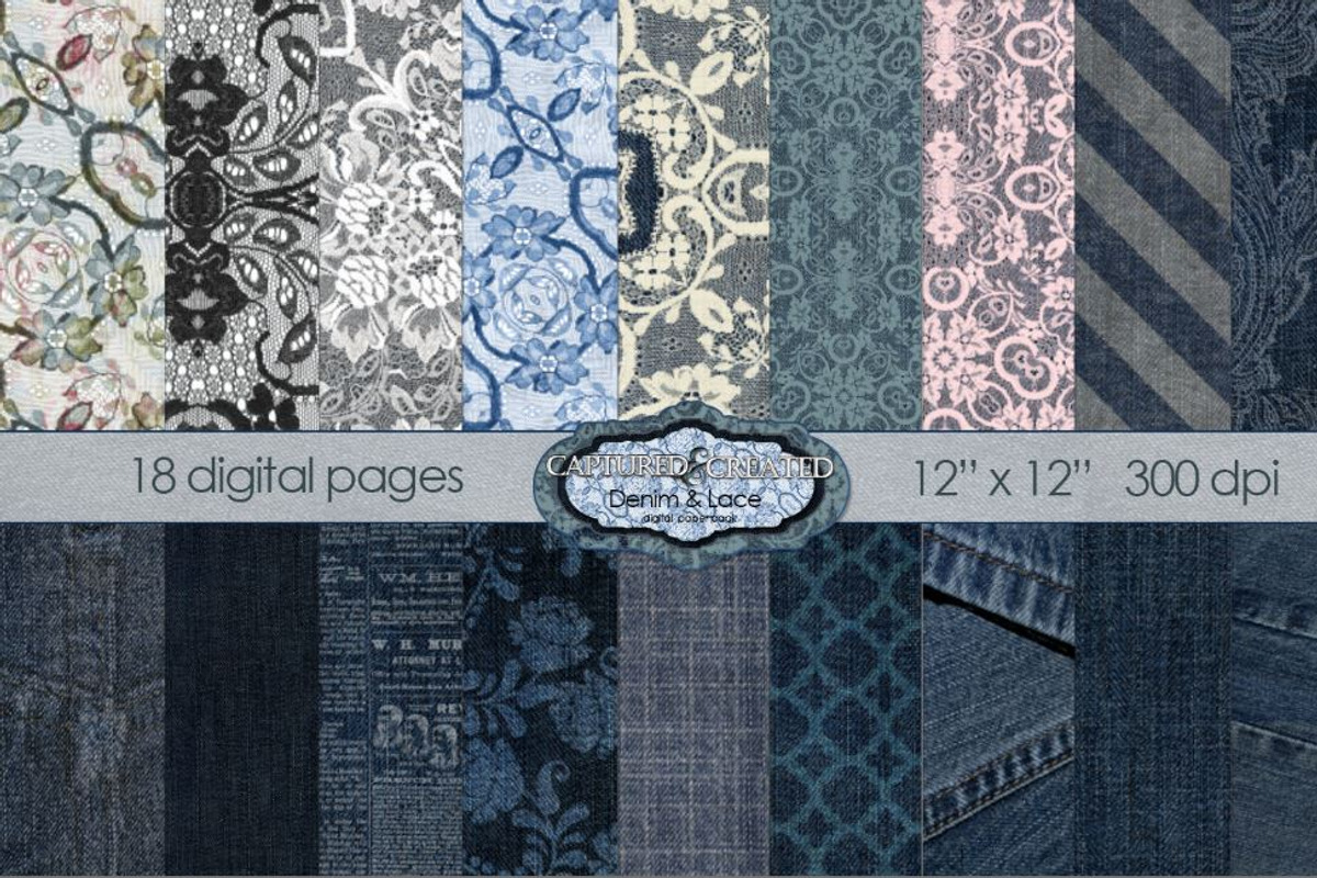 Denim & Lace Mega Digital Paper 18, a Pattern Graphic by Captured and ...