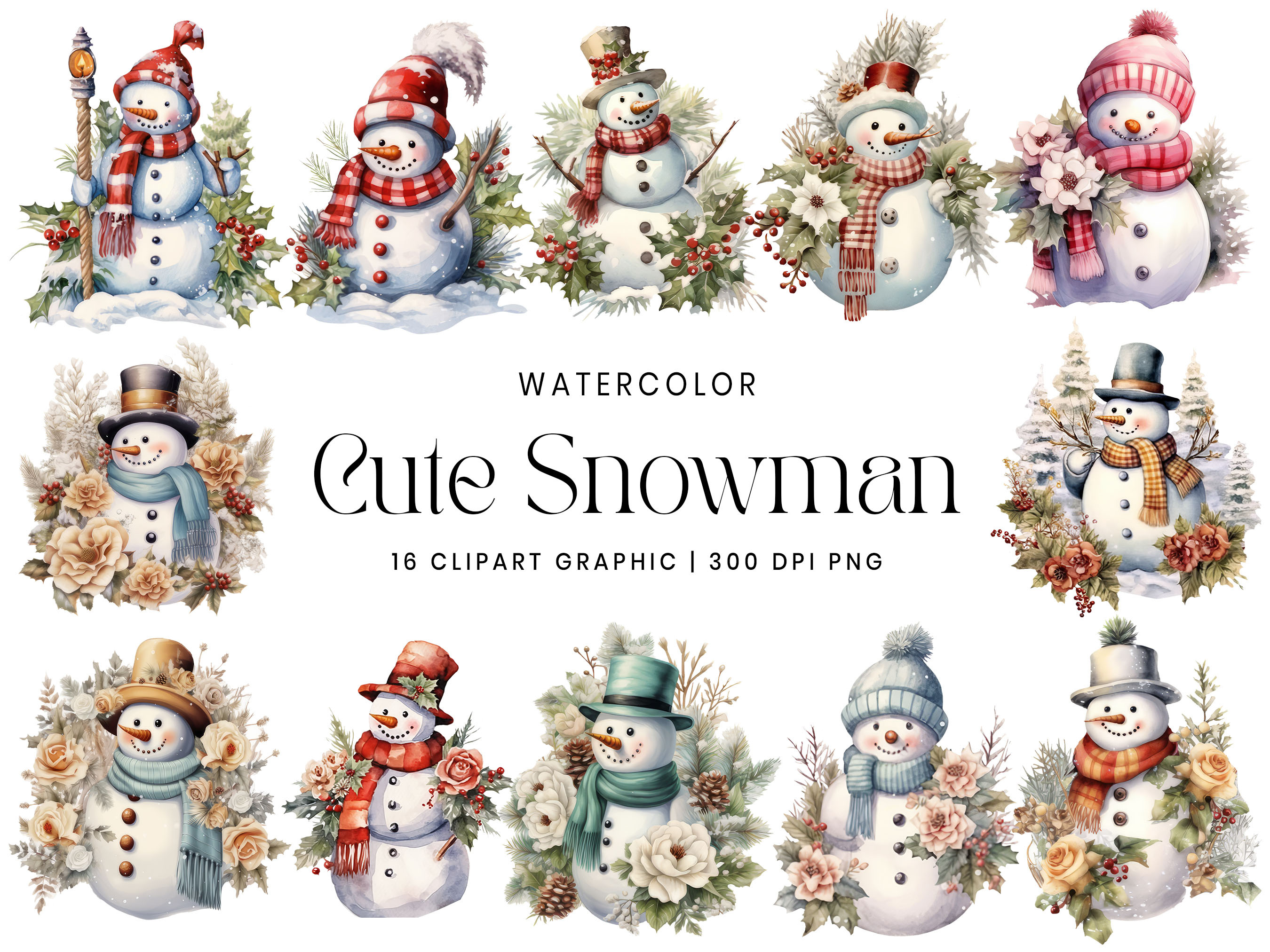 Watercolor Snowman Clipart Bundle, an Object Illustration by Design Scotch