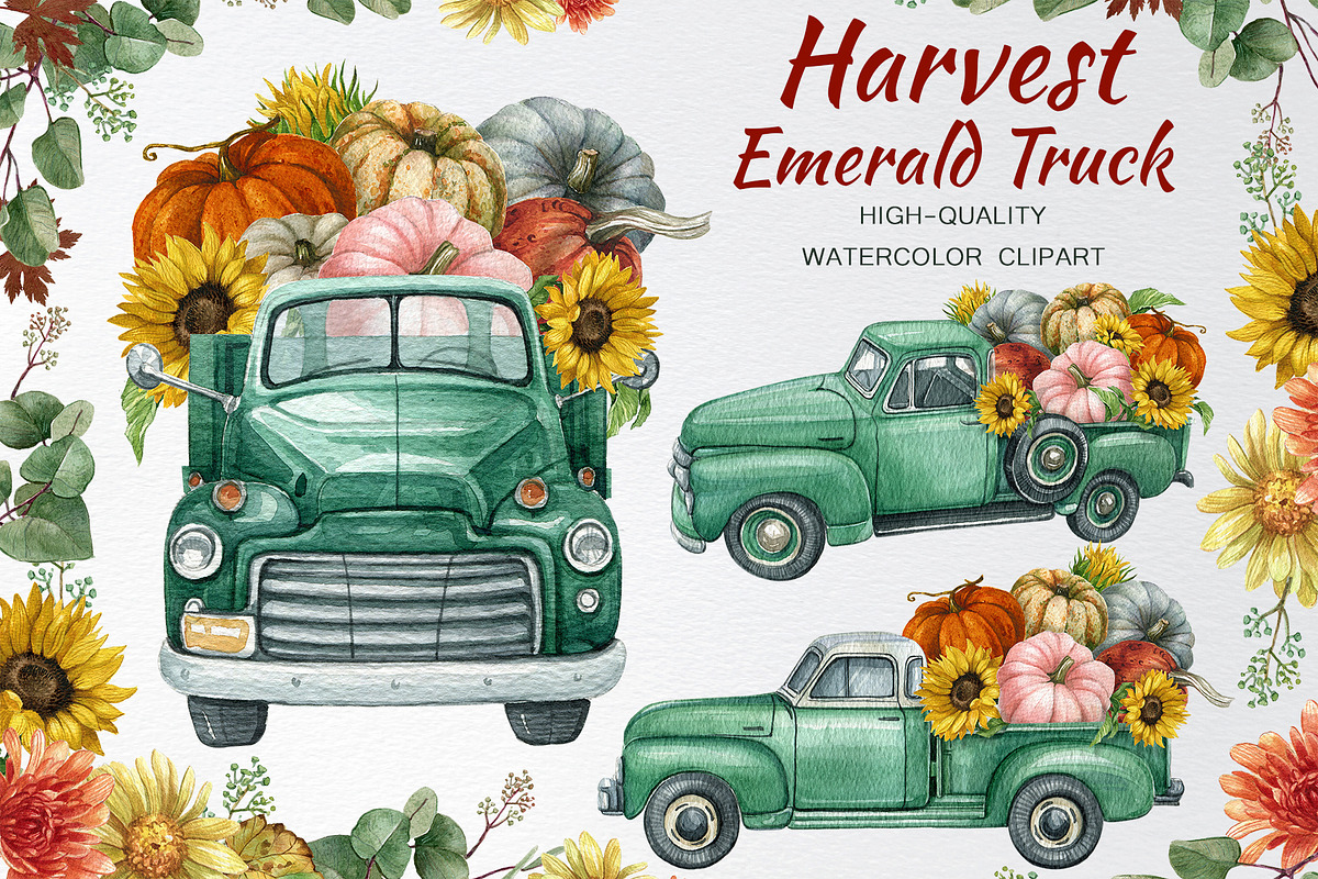 Watercolor Pumpkin Truck Clipart, an Illustration by yana.fefelova