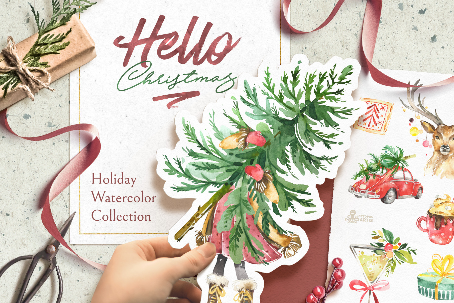 Hello Christmas. Watercolor Kit., a Decorative Illustration by OctopusArtis