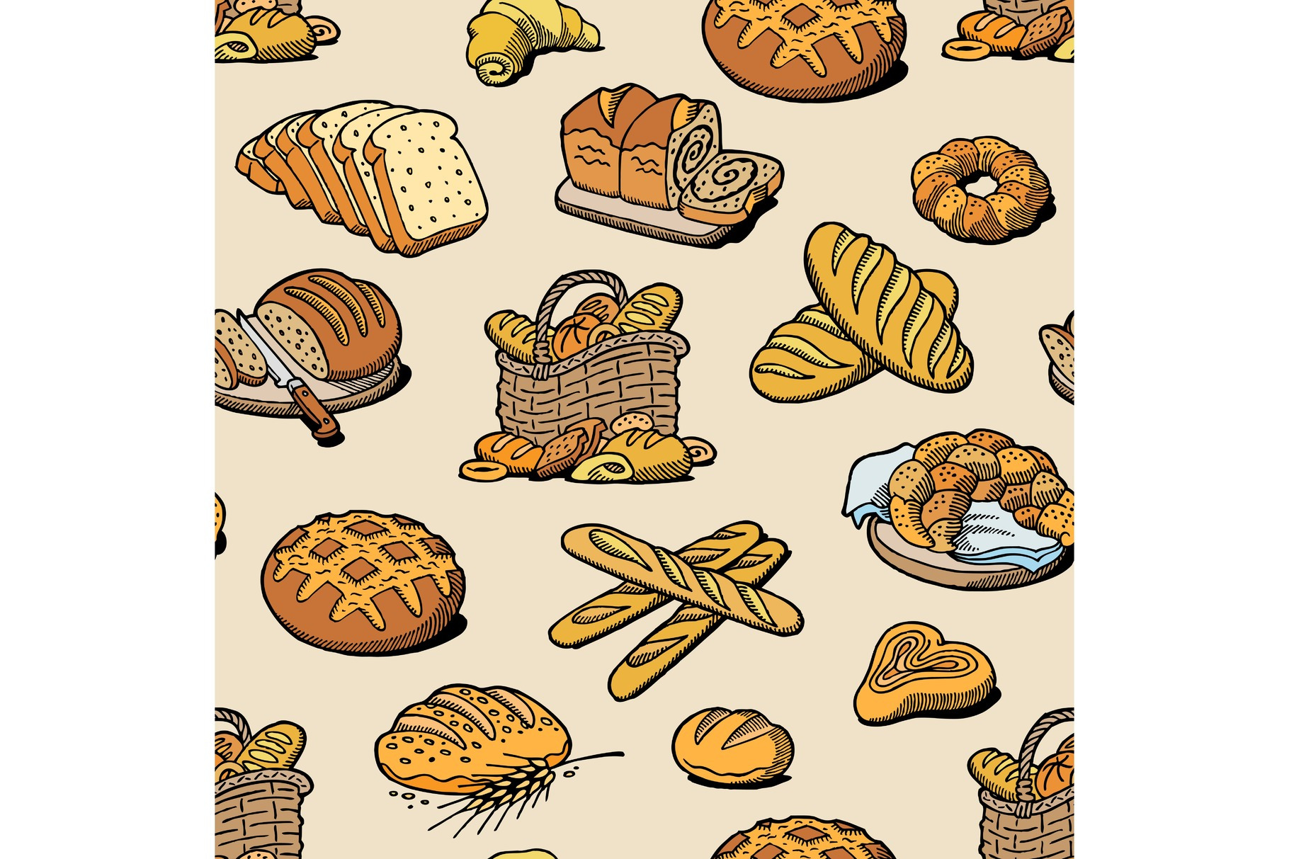 Bakery and bread vector baking breadstuff meal loaf or baguette baked ...