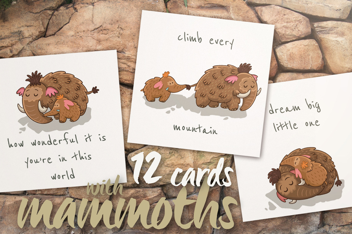 Hand drawn cards with mammoths, an Animal Illustration by PenguinHouse