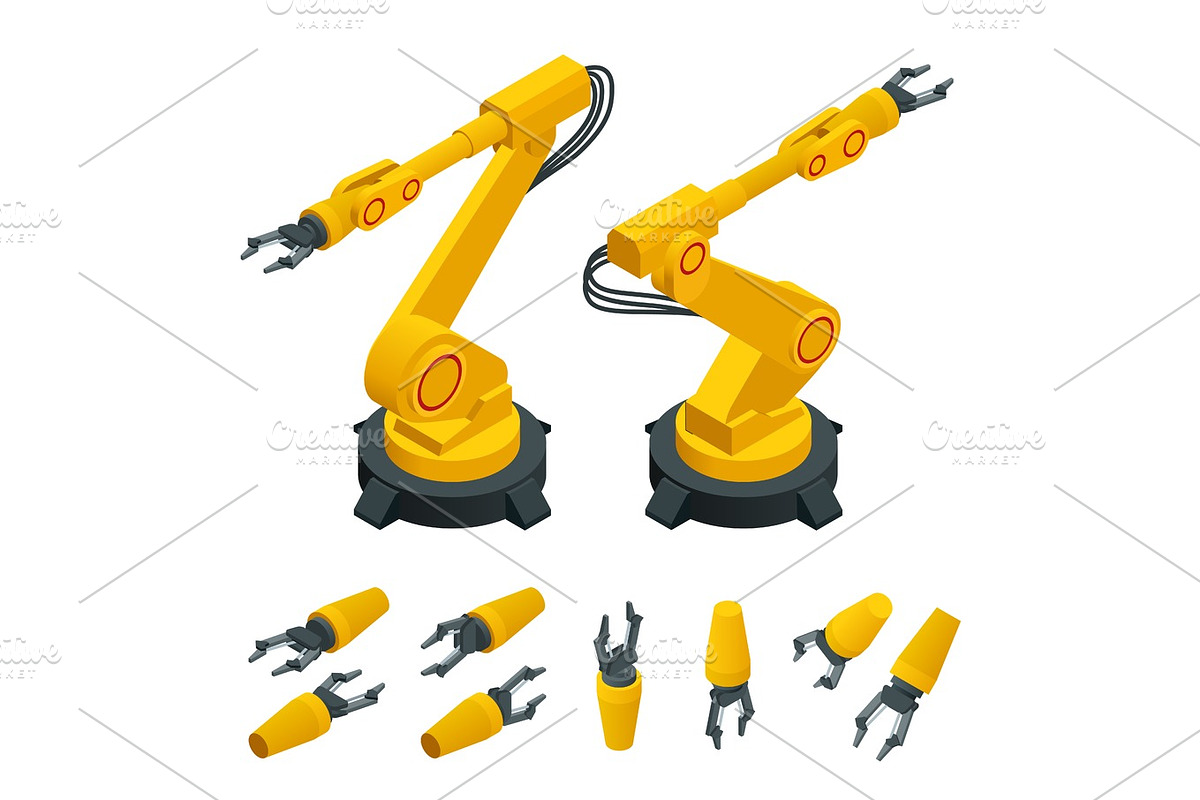 Isometric robotic arm, hand, industrial robot flat vector icons set. Robotics Industry Insights ...