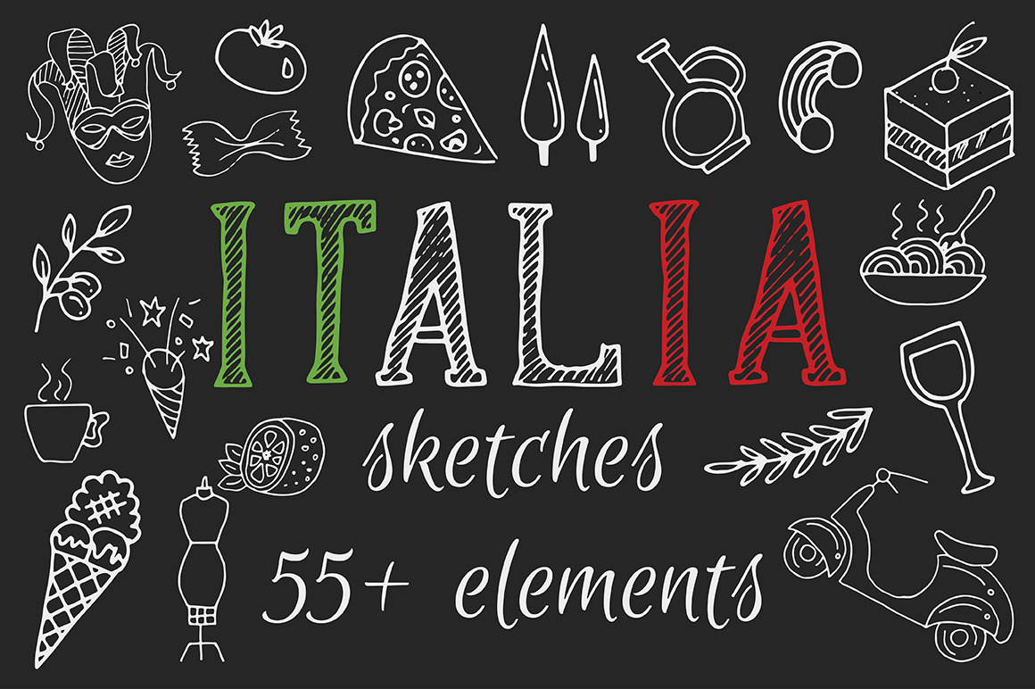 Hand Drawn Italian Symbols, a Food Illustration by Teresa Art Store