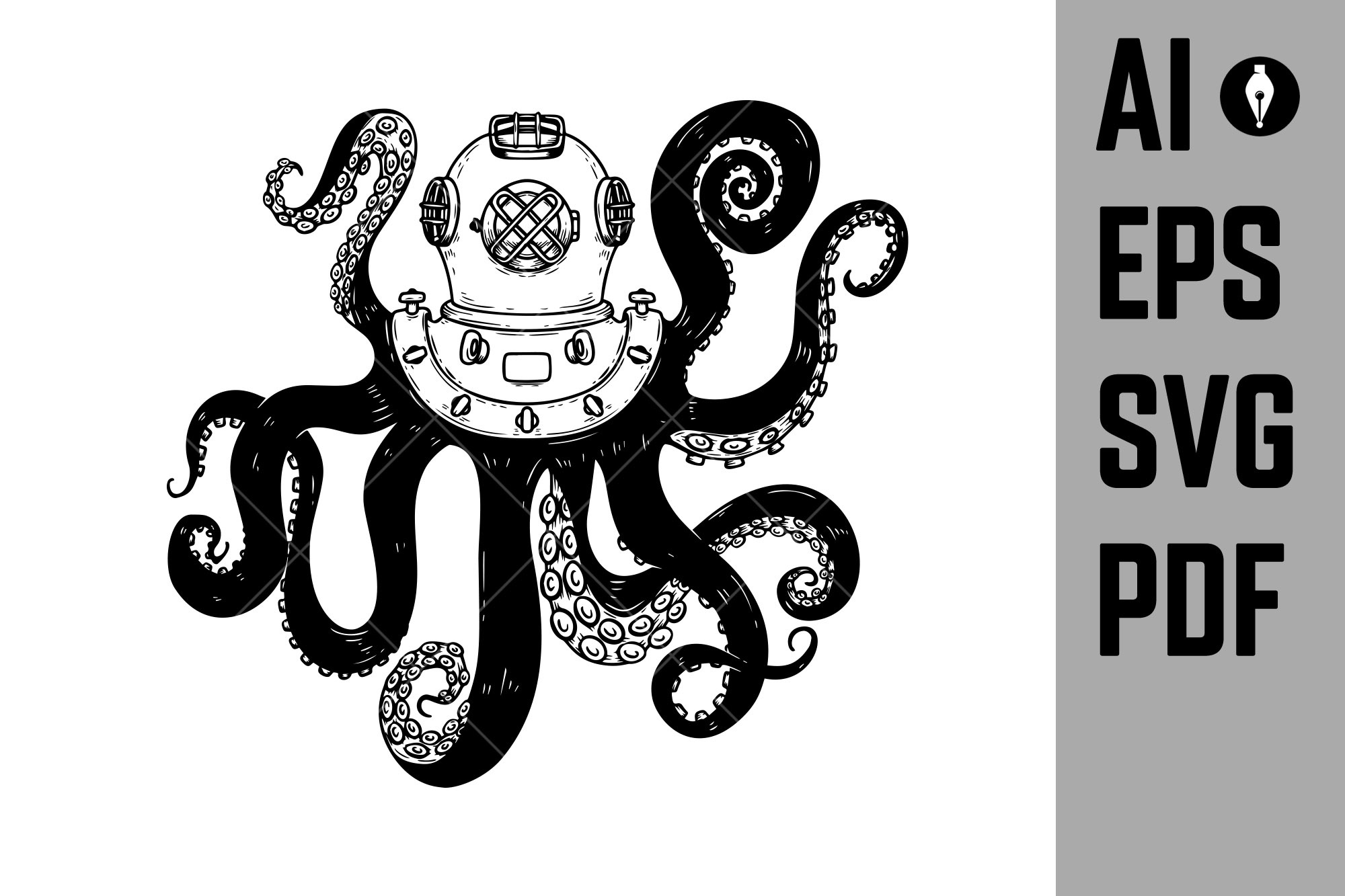 diver helmet with octopus tentacles, an Animal Illustration by Vectorhight