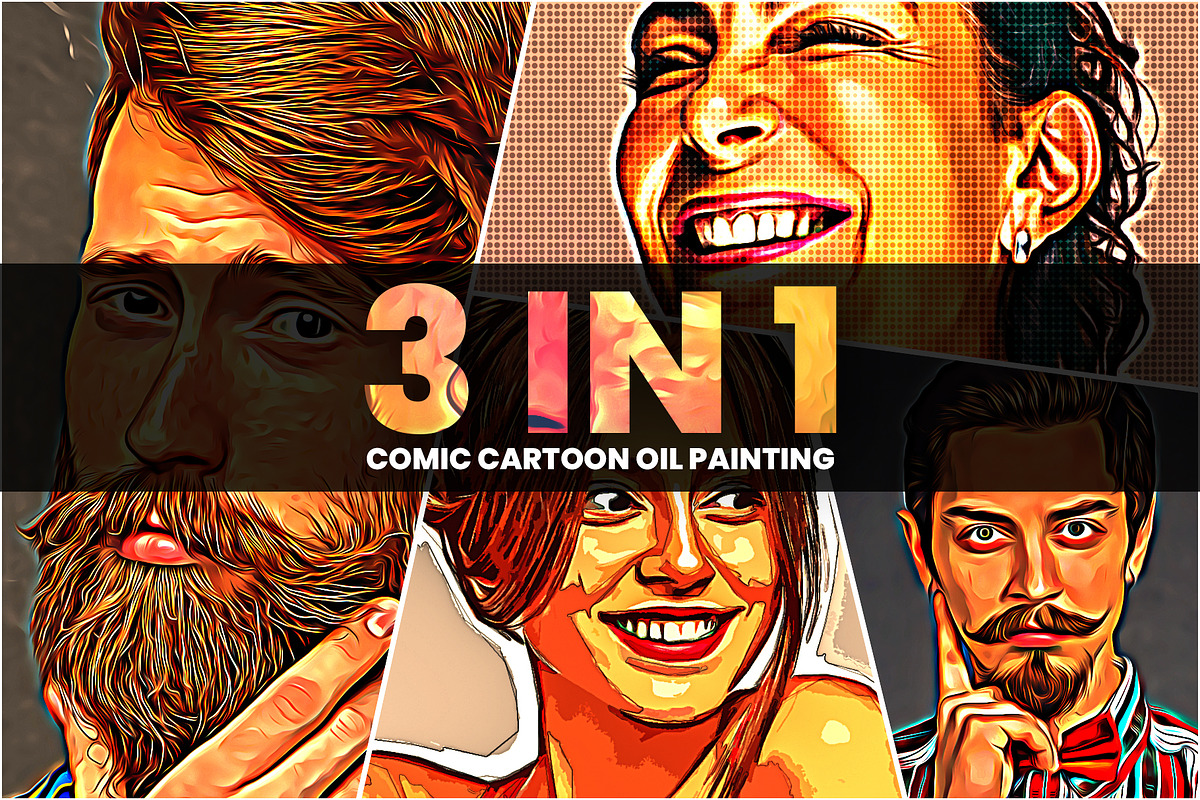 3 in 1 Comic Cartoon Oil Painting, an Action Add-On by U_Design