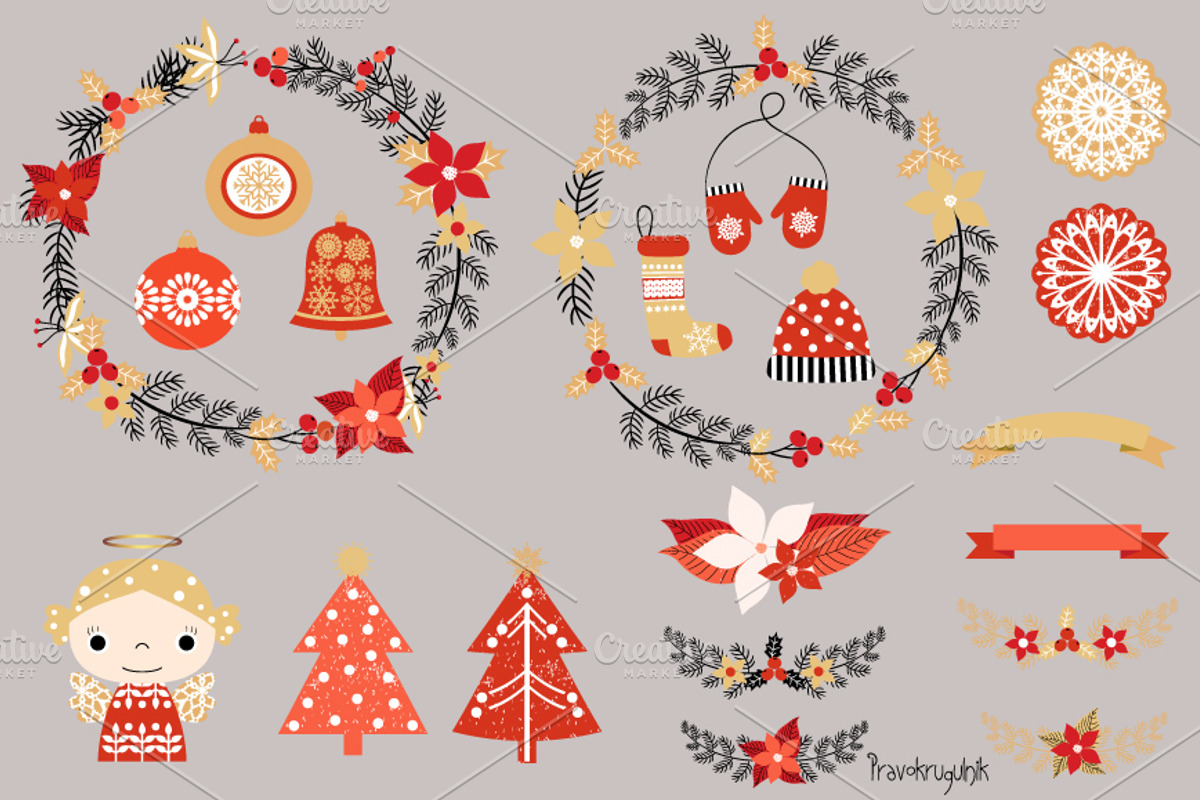 Christmas clip art set with wreaths, a Decorative Illustration by ...