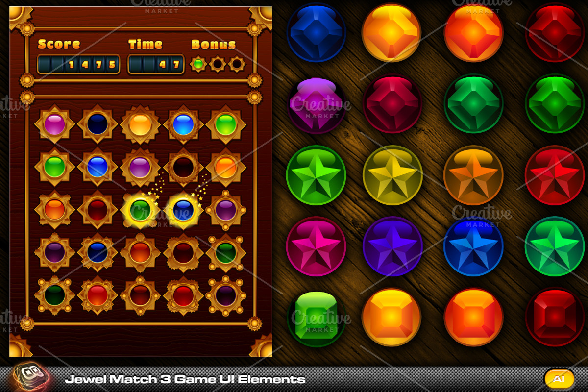 Jewel - Match 3 - Game UI Elements, an Illustration by quicky