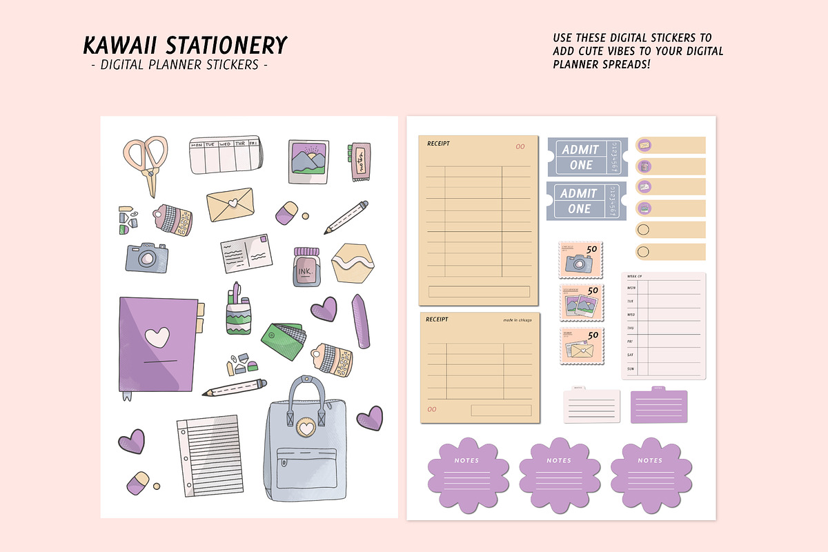 Kawaii Digital Planner Sticker Pack, a Stationery Template by Bella ...