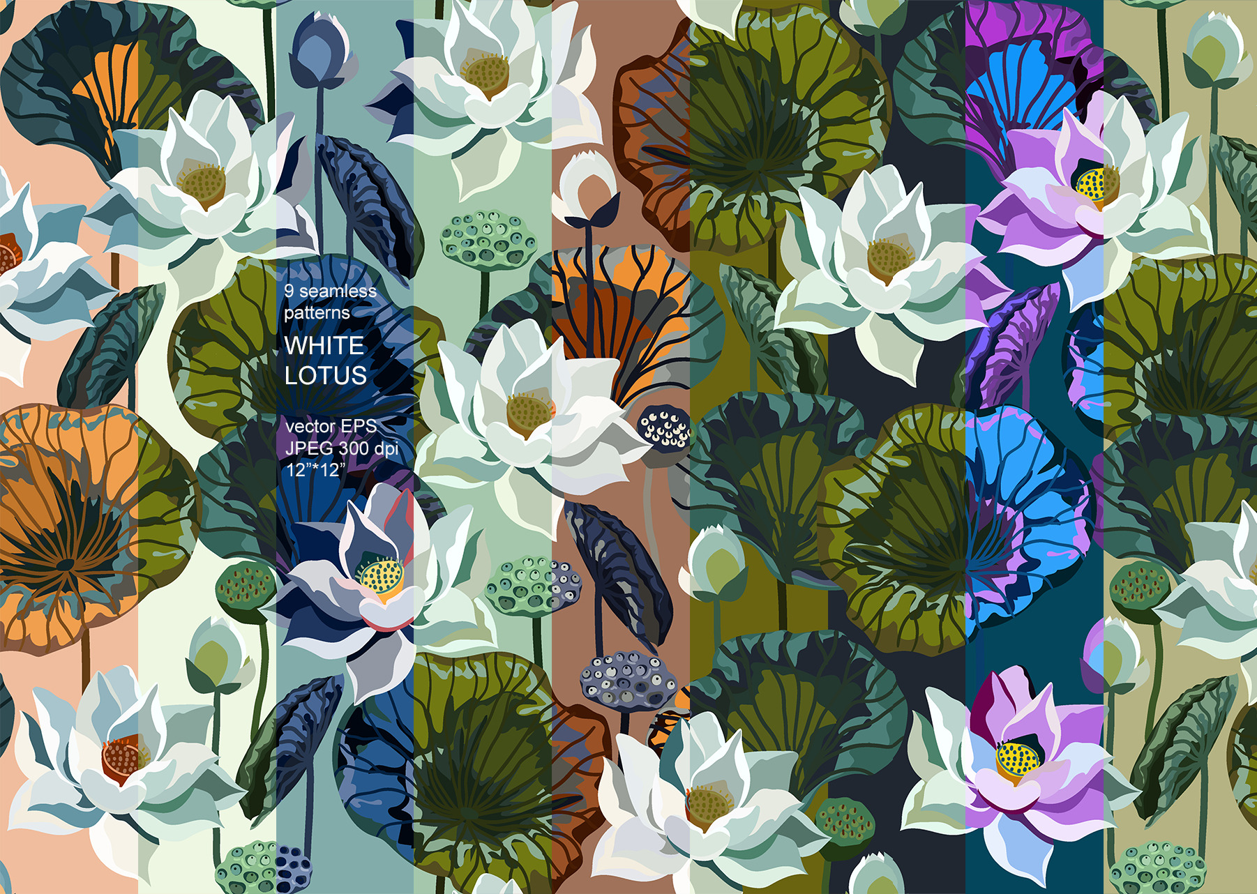 Lotus saemless vector set, a Pattern Graphic by PatternsBlooming