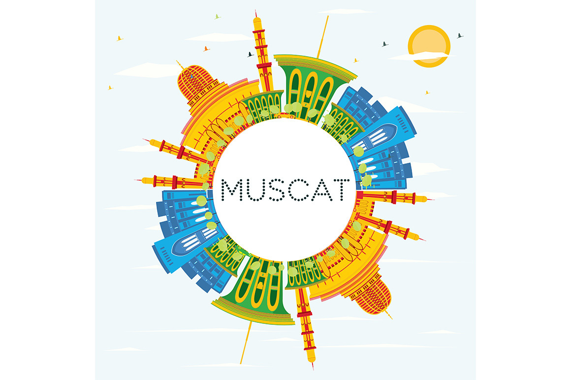 Muscat Skyline with Color Buildings, a Person Illustration by Booblgum